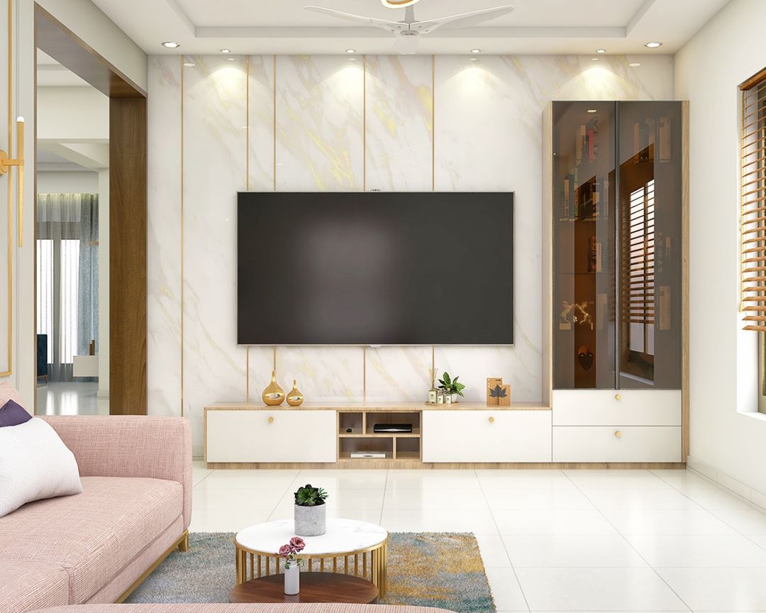 White And Wood TV Unit Design With Floor-Mounted Console And Tall ...