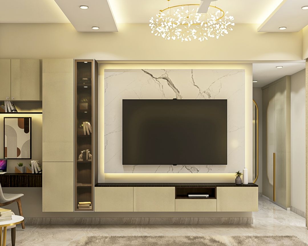 Irish Cream Wall-Mounted TV Cabinet Design With Tall Unit And Glass ...