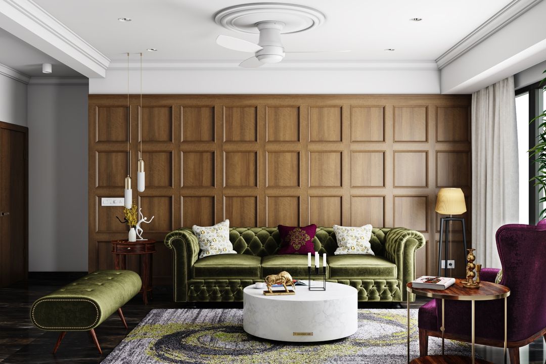 Living Room 3D Wall Design With Wooden Square Grid Panelling | Livspace