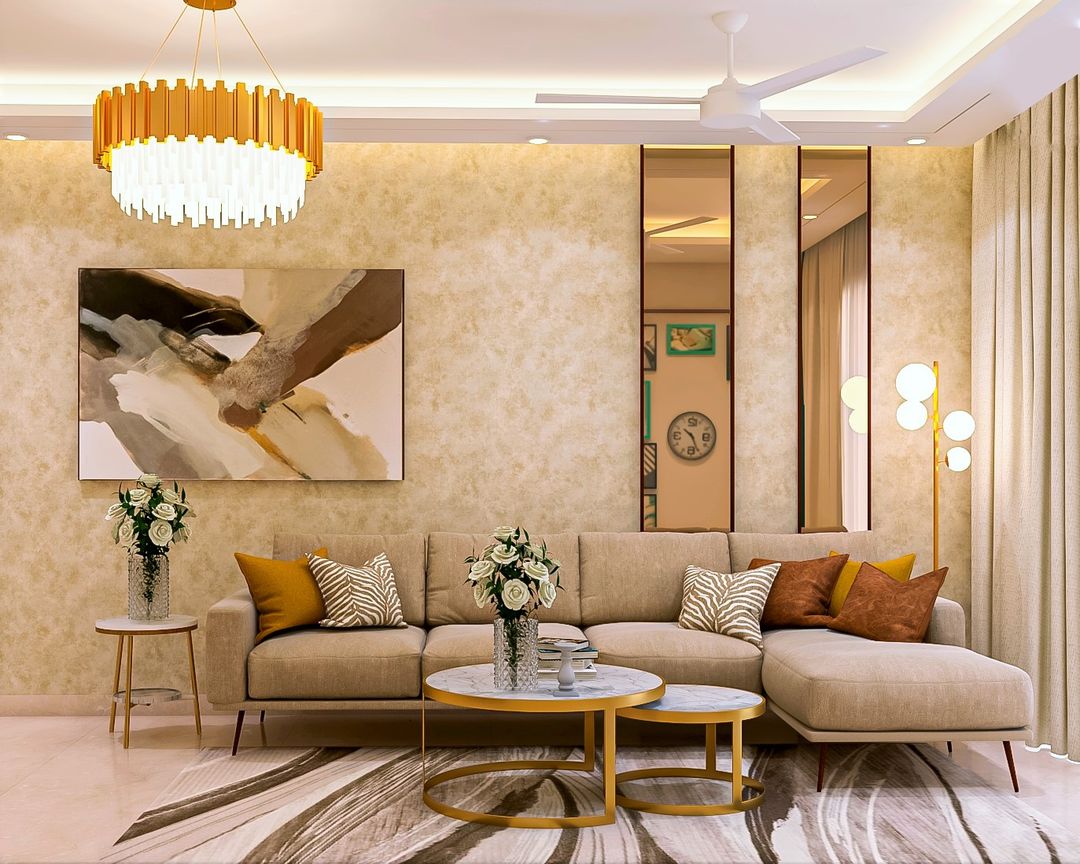 Textured Beige Wallpaper Design For Living Rooms | Livspace