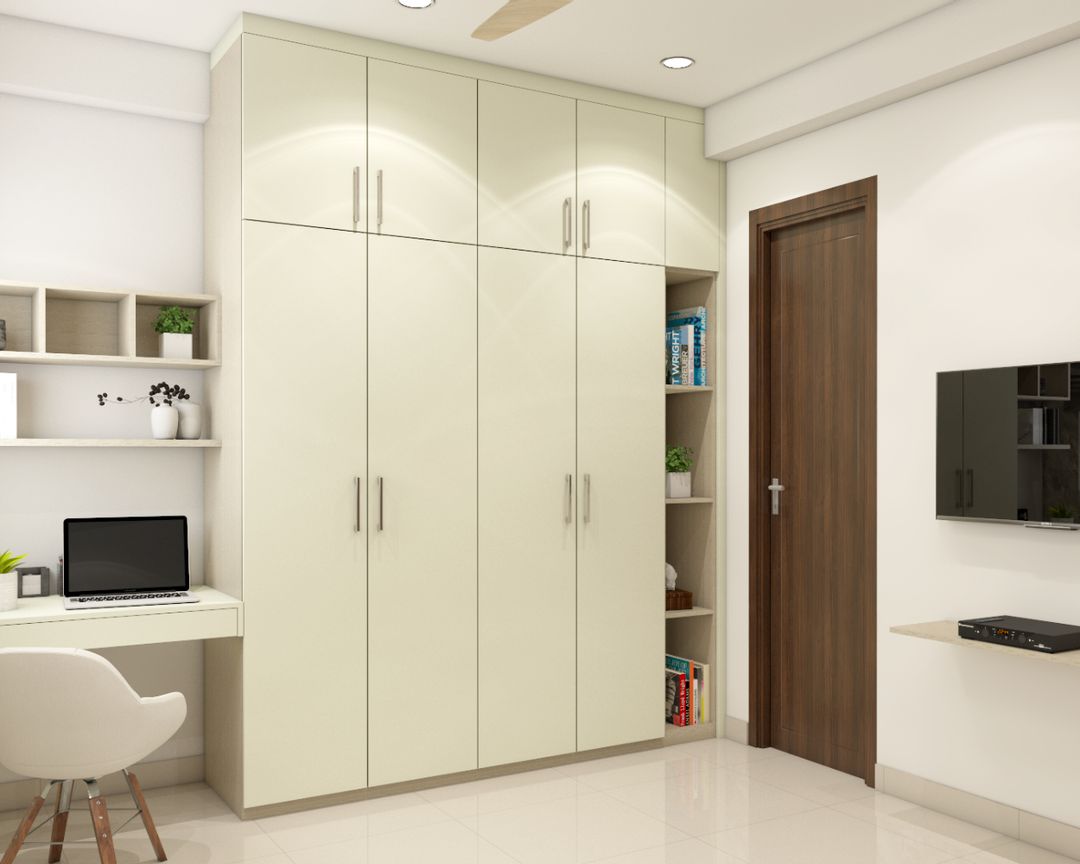 4-Door Champagne-Toned Swing Wardrobe With Study Table And Open Shelves ...
