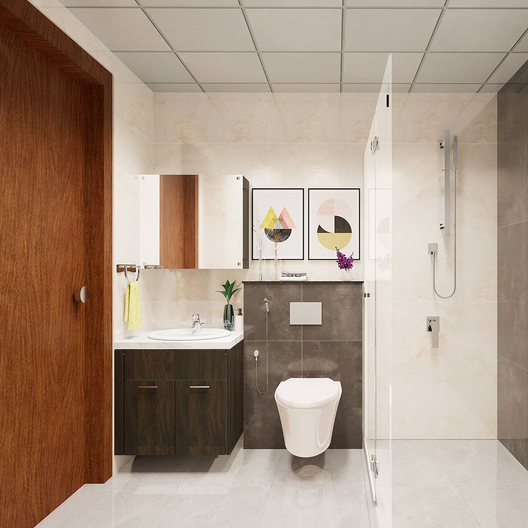 Elegant Modern Bathroom Design With Brown Cabinet | Livspace