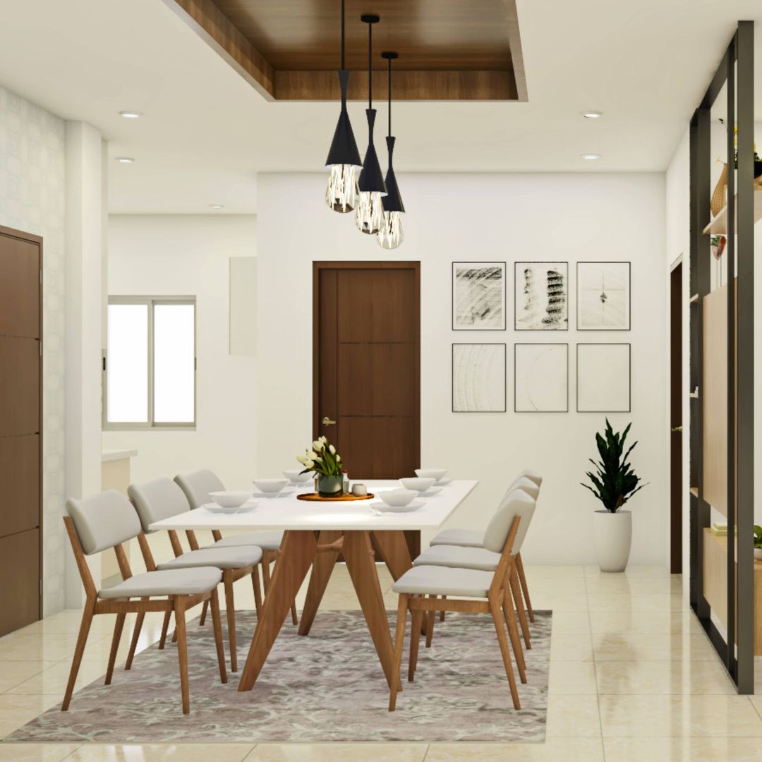 Spacious Dining Hall Design With Hanging Lights | Livspace