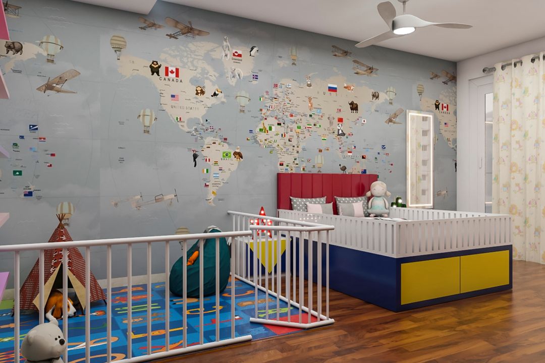 Boys Room Design with World Map Wallpaper | Livspace