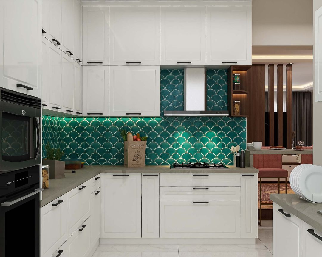 Spacious L-Shaped Indian Kitchen Design In White And Sea Green | Livspace