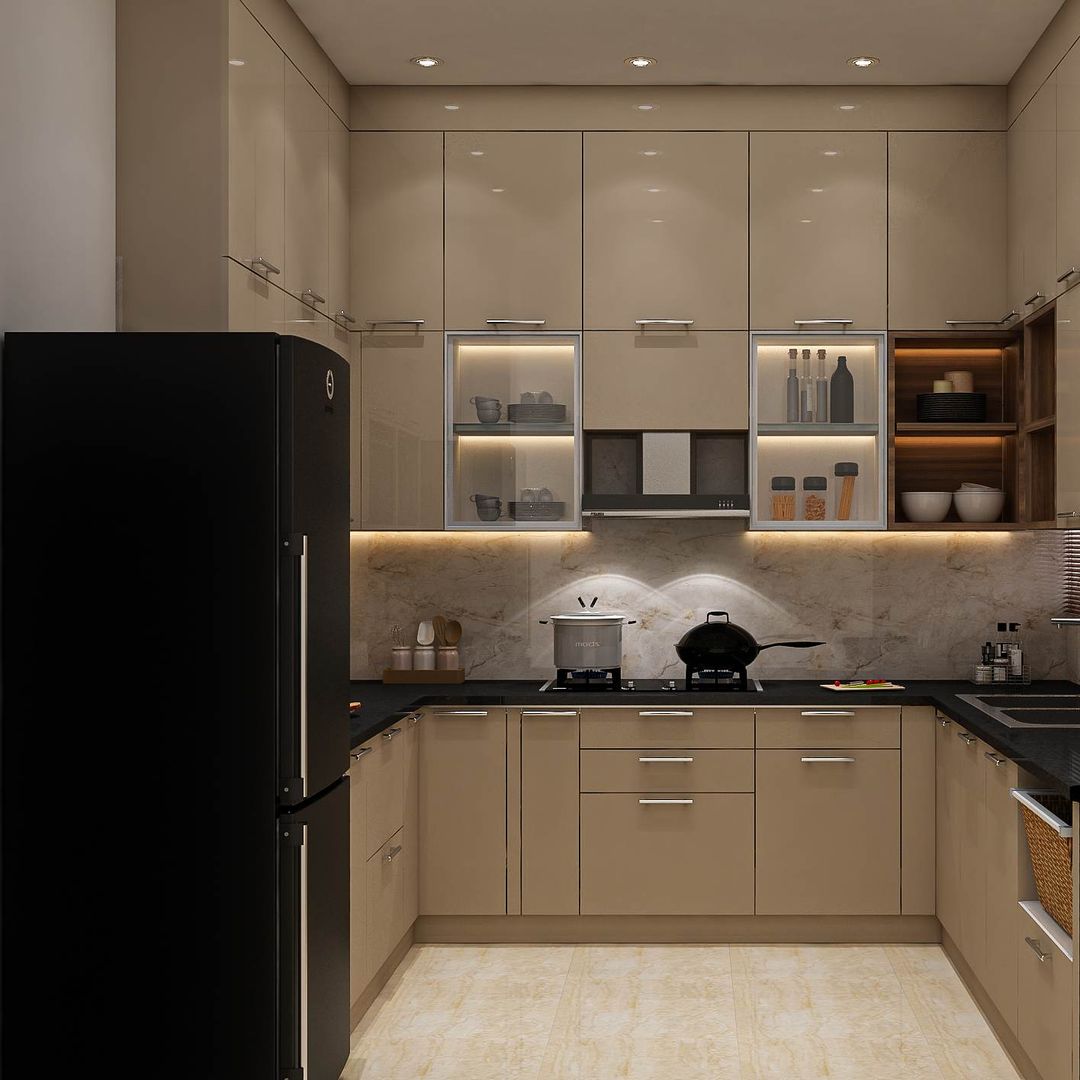 Spacious Kitchen Design With Metallic Beige Cabinets | Livspace
