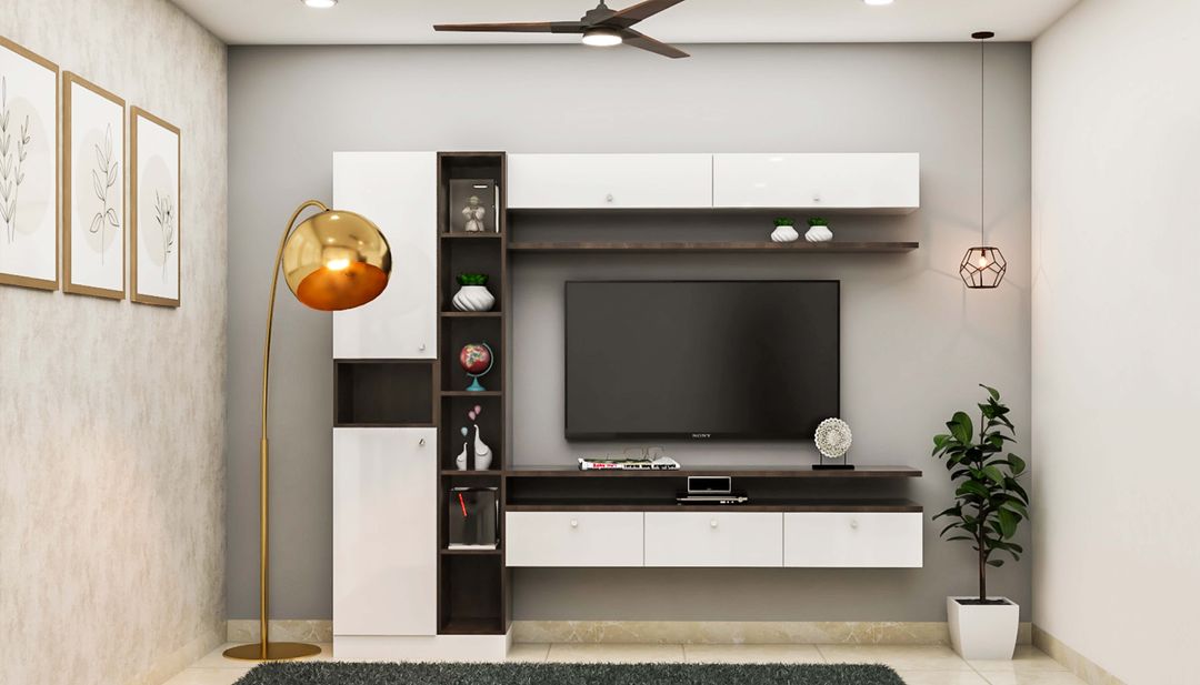 Spacious TV Unit Design With Dark Carcasses & White Shutters | Livspace