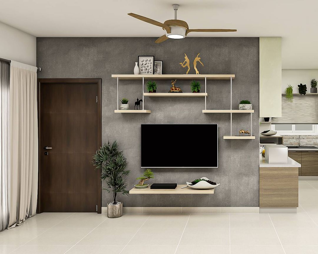 Spacious TV Cabinet Design With Grey Wallpaper | Livspace