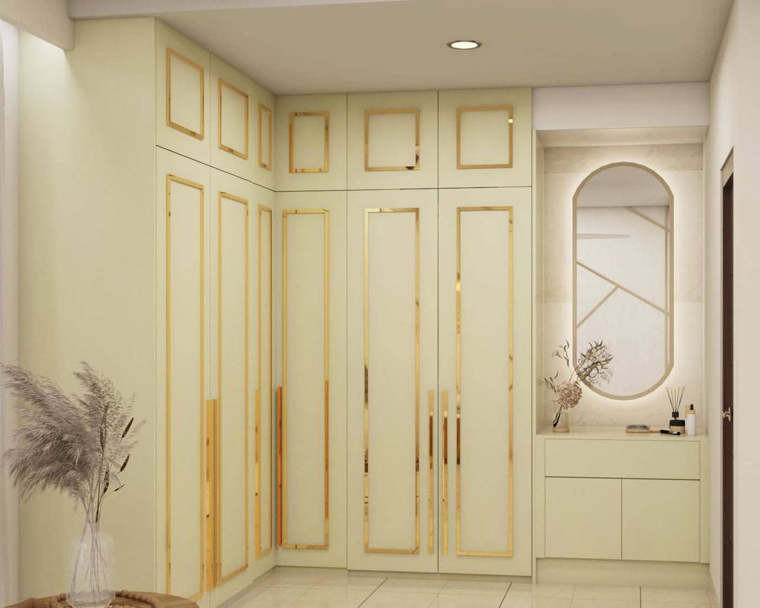 6-Door Cream Wardrobe Design With Loft Storage | Livspace
