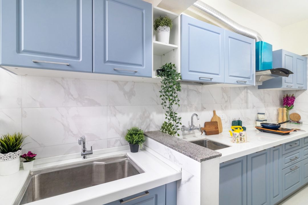 Blue Parallel Kitchen Design With Denim Suedette Cabinets | Livspace