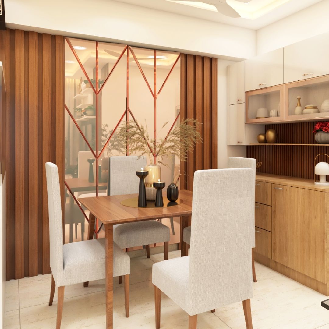 4-Seater White And Wood Dining Room Design With Storage Unit | Livspace