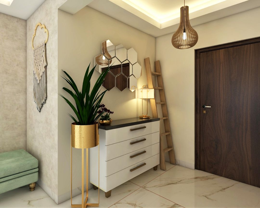 Frosty White Foyer With Hexagon Wall Mirror | Livspace