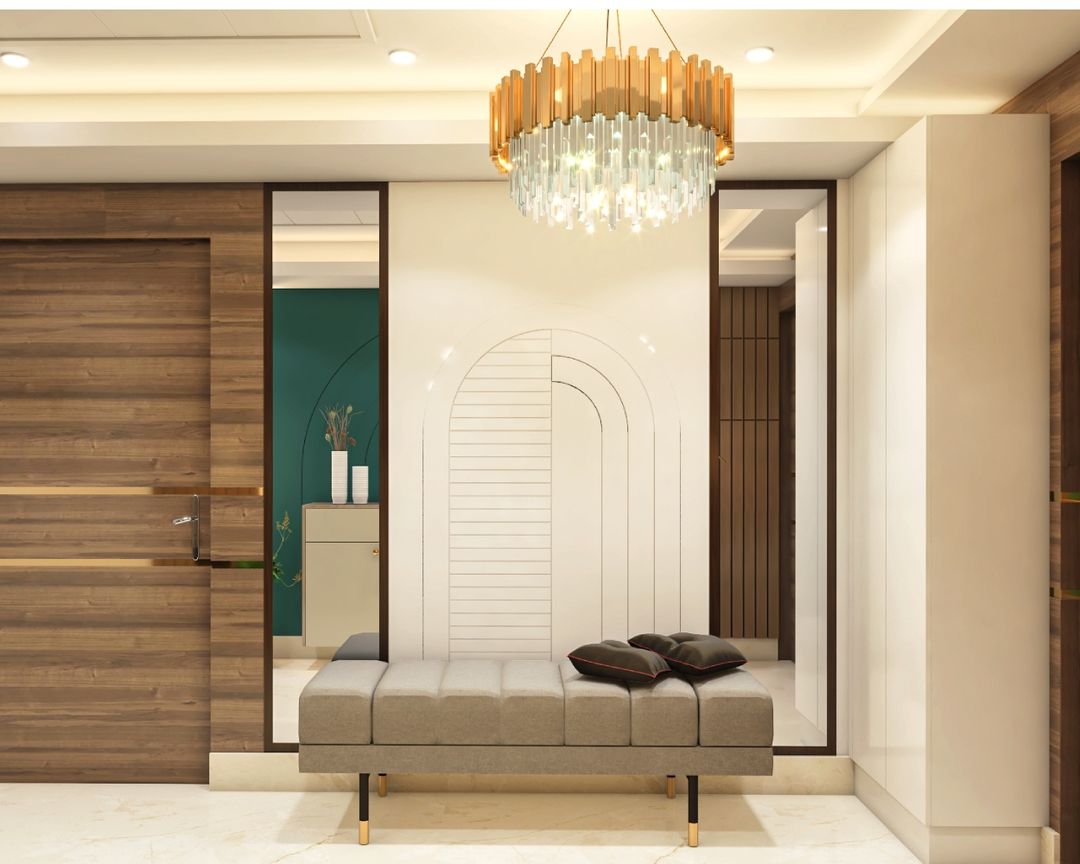 Champagne Toned And Teak Foyer Design With Wooden Wall And Mirror ...