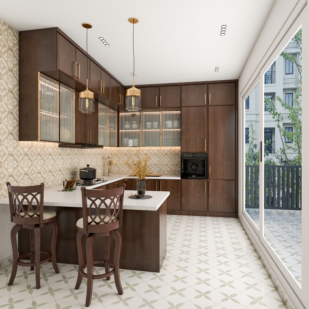 Traditional Dark Wood U Shaped Kitchen Design With Frosted Glass Shutters | Livspace