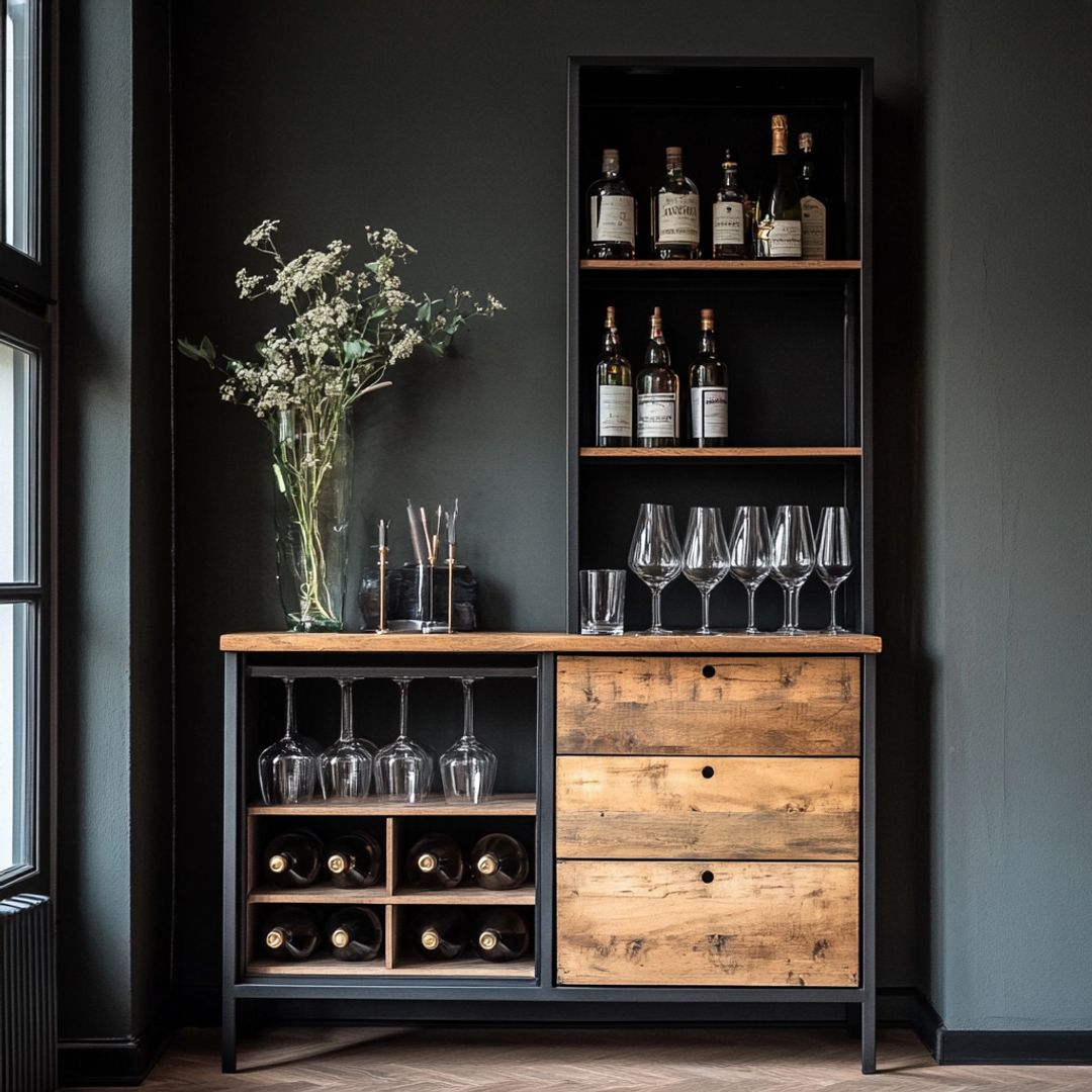 Black Metal and Wood Industrial Home Bar Design with Storage Unit for ...