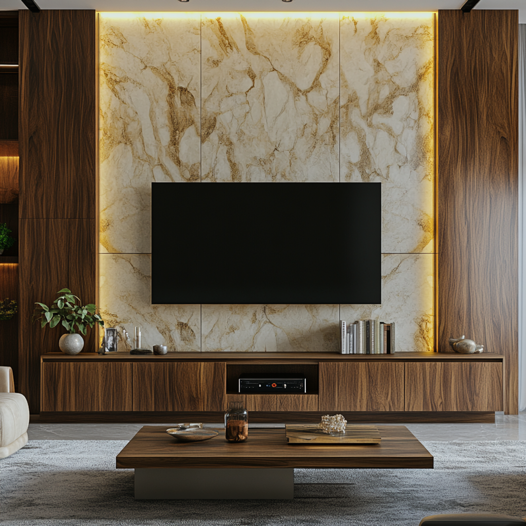 Floor-Mounted Indian Traditional TV Unit Design with Brown Suede Finish ...