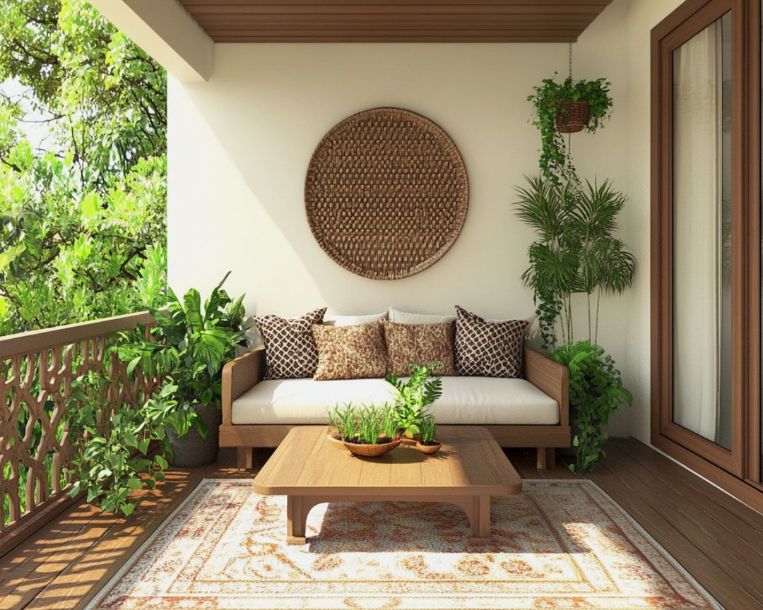 Tropical Balcony Design: Wooden Ceiling, Rattan Decor, Indoor Plants ...