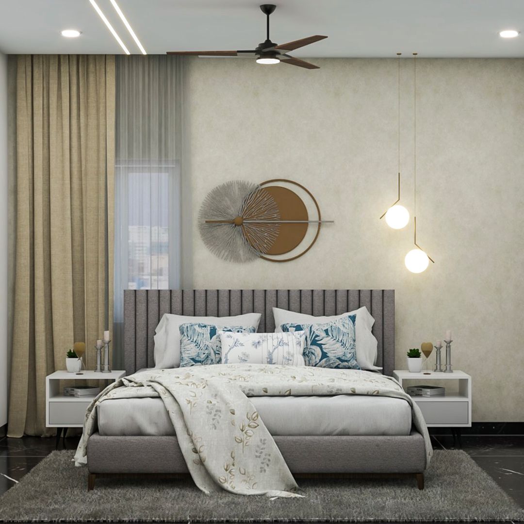 Guest Room Design with Modern King Bed, Beige Wallpaper, and Storage ...