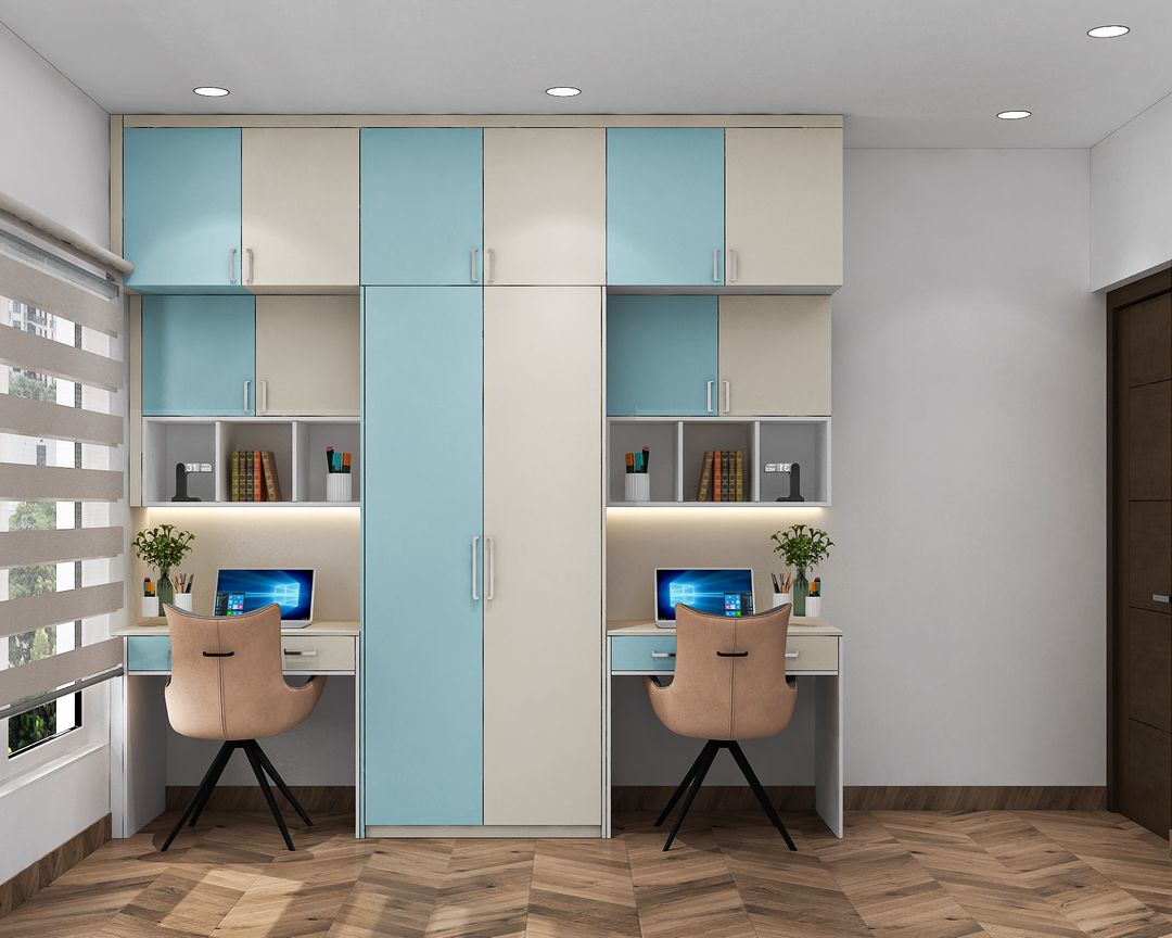 Modern Home Office Design with Dual Study Desks, Storage Units, and ...