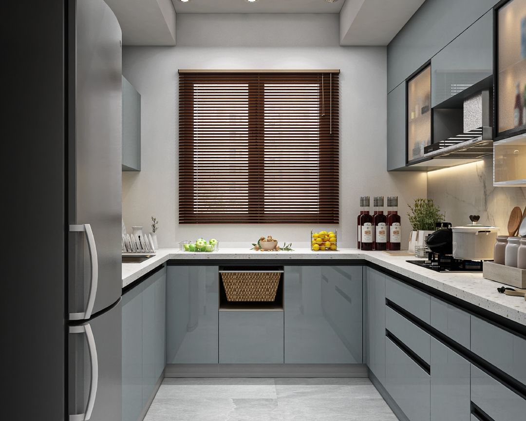 U-Shaped Modern Kitchen Design with Silver Storage Units and Quartz ...