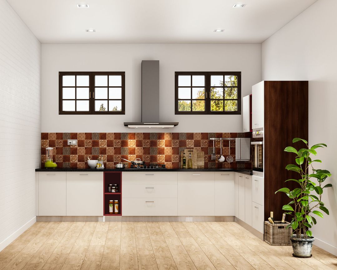 L-Shaped Modern Kitchen Design with Frosty White Finish Units and ...