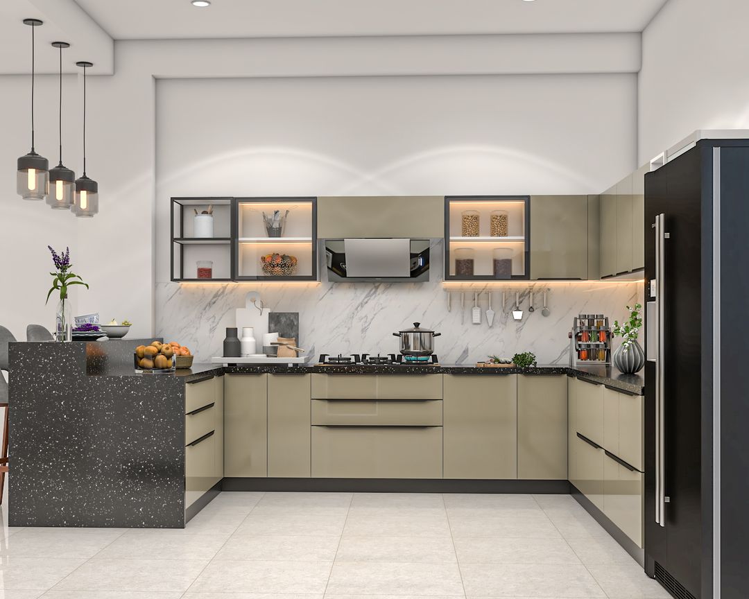 Open Contemporary Kitchen Design with Wicker Baskets and Tall Storage Options | Livspace