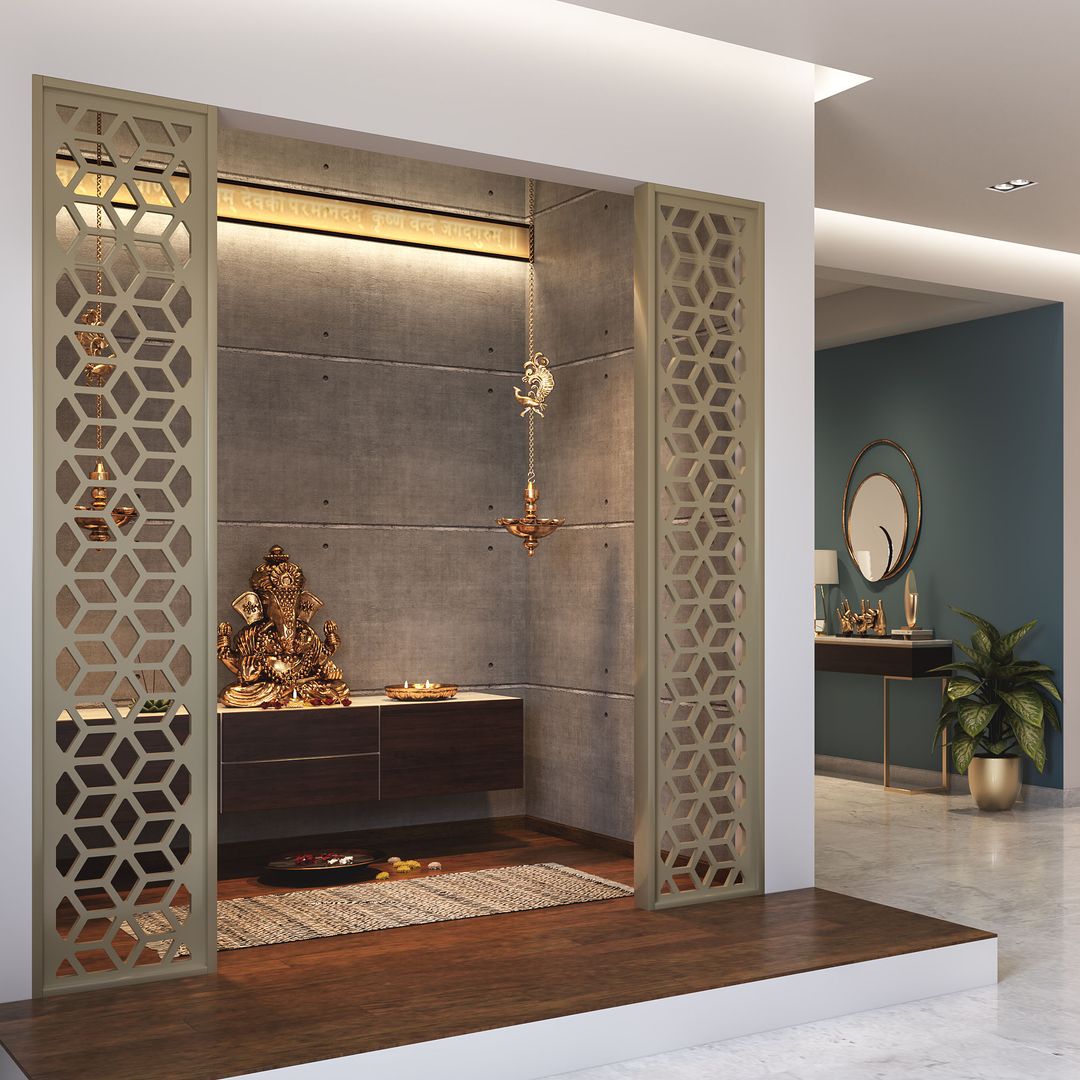 Pooja Unit Design with Contemporary Wall-Mounted Drawers, Concrete Wall ...