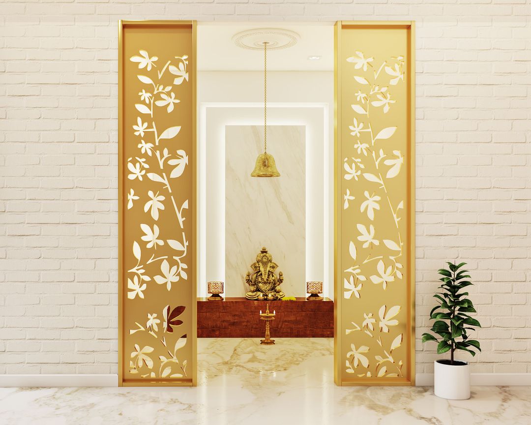 Pooja Unit Design with Contemporary LED Lighting, Marble Wall, and ...