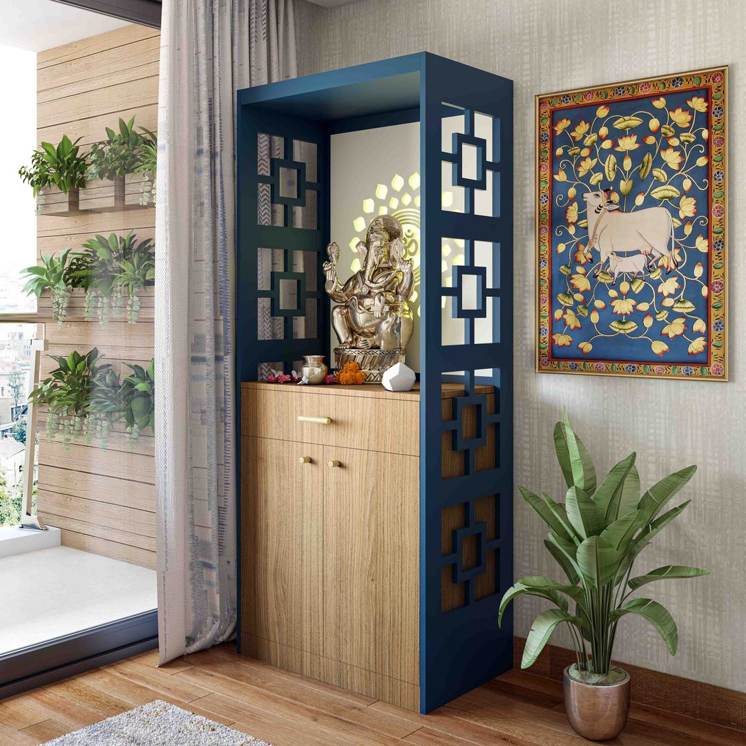 Floor-Mounted Contemporary Pooja Unit Design with Storage and Artistic ...