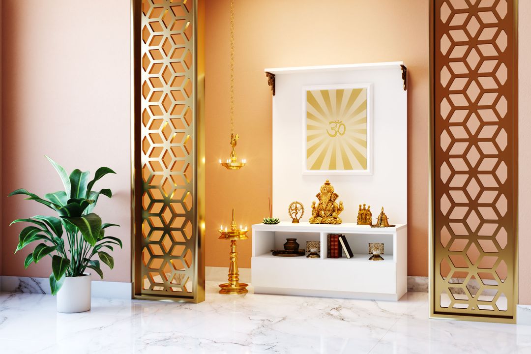 White Floor-Mounted Contemporary Pooja Room Design with Drawer and Open ...