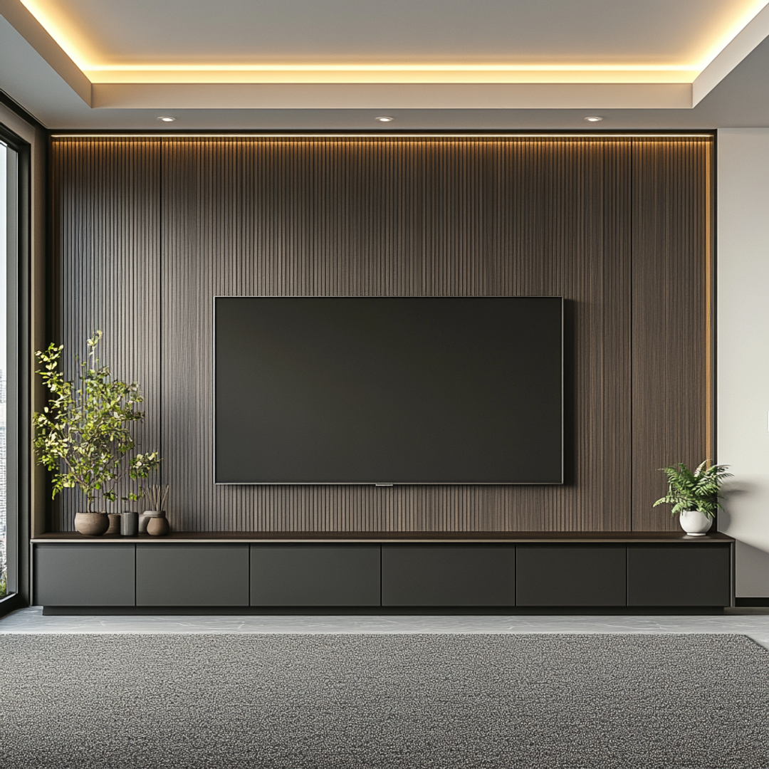Black Modern TV Unit Design with Fluted Wooden Panel and Floor-Mounted ...