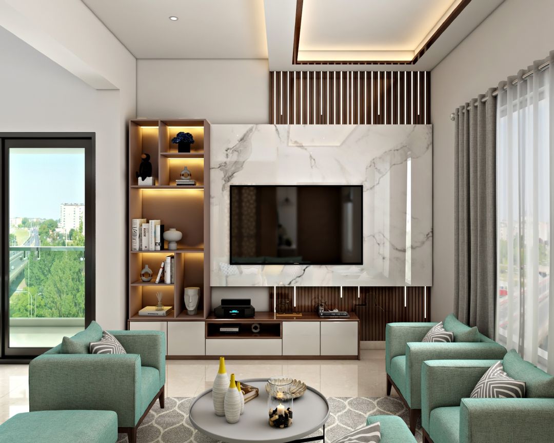 Contemporary TV Unit Design with Open Storage, Marble Accent, and LED ...