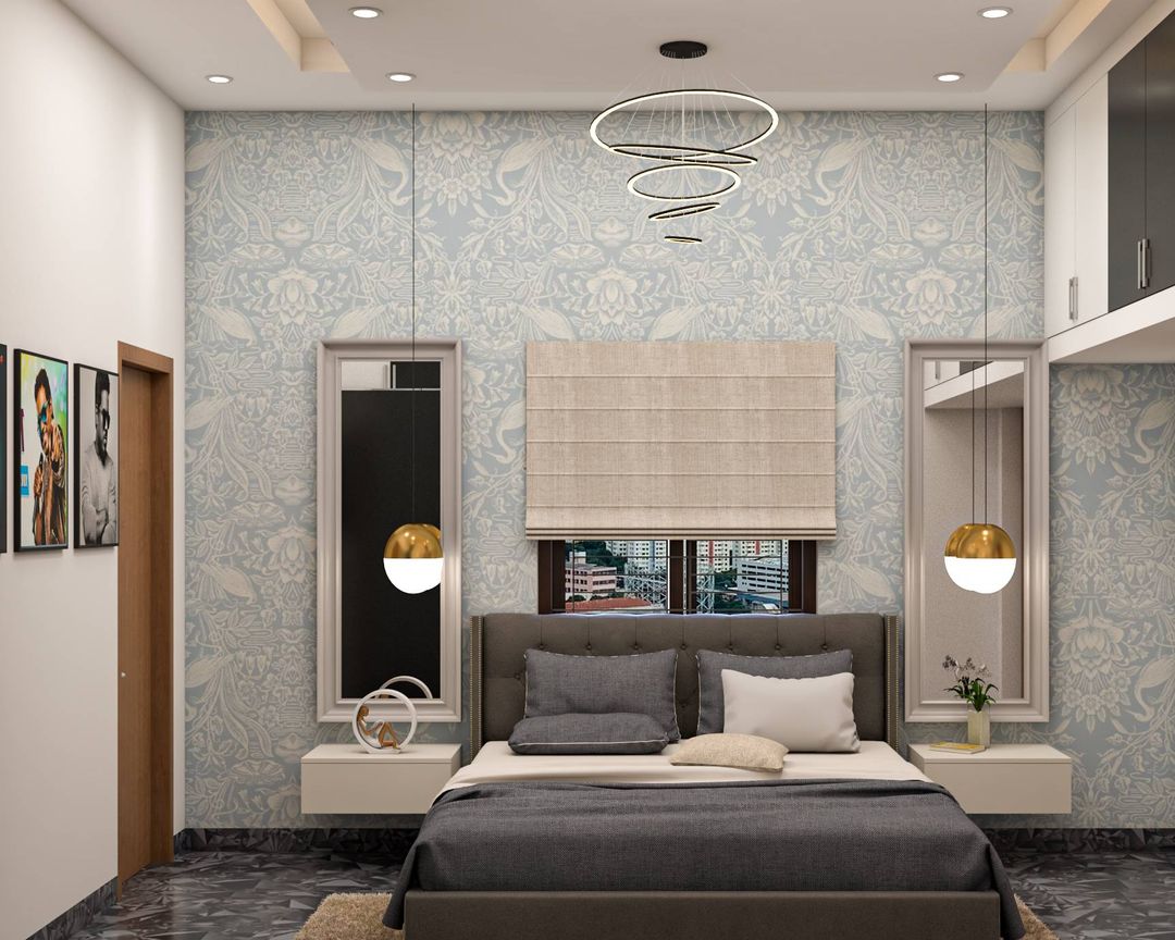 Contemporary Master Bedroom Design With Pastel Blue Wallpaper | Livspace