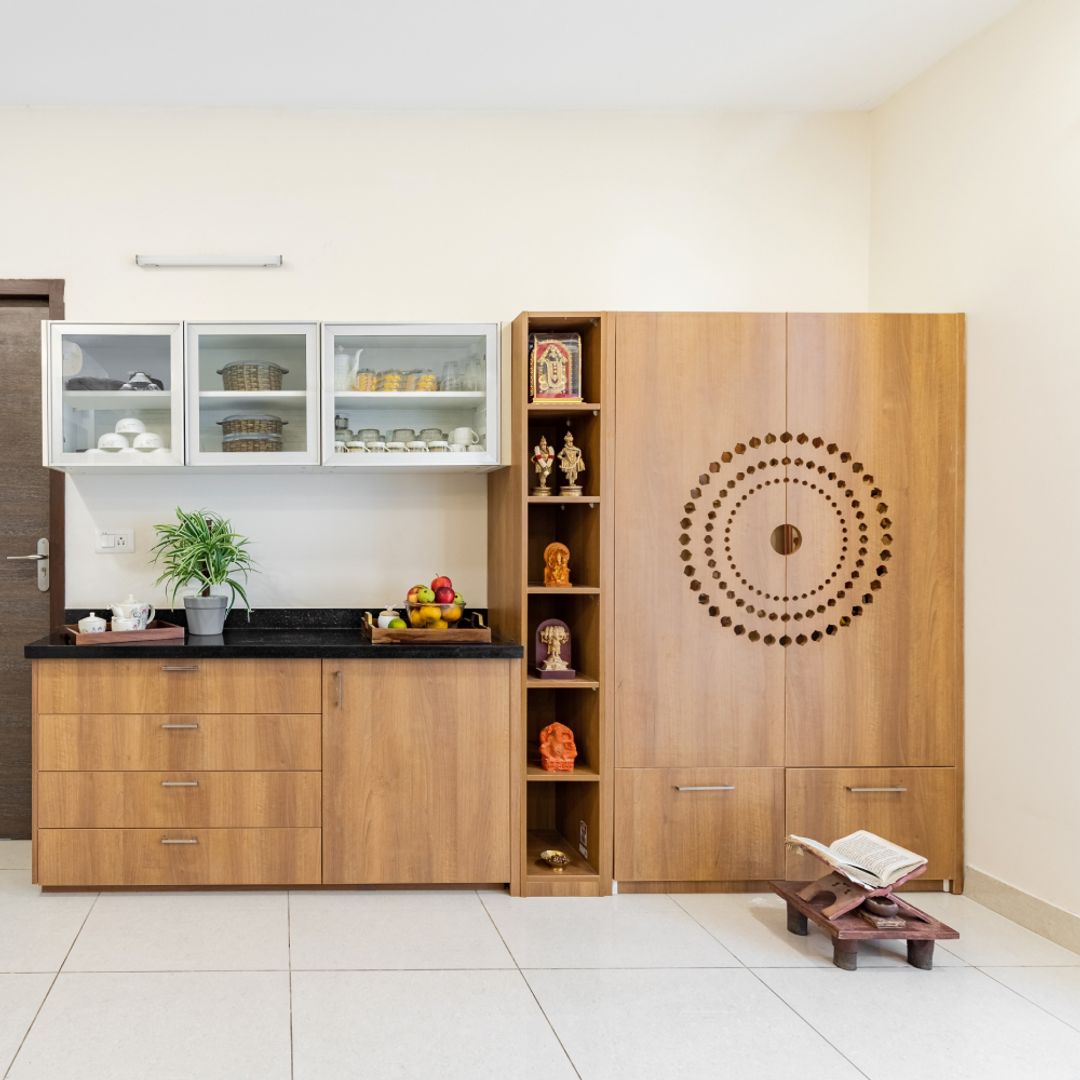 Spacious Mandir Design With Light Wooden Finish | Livspace