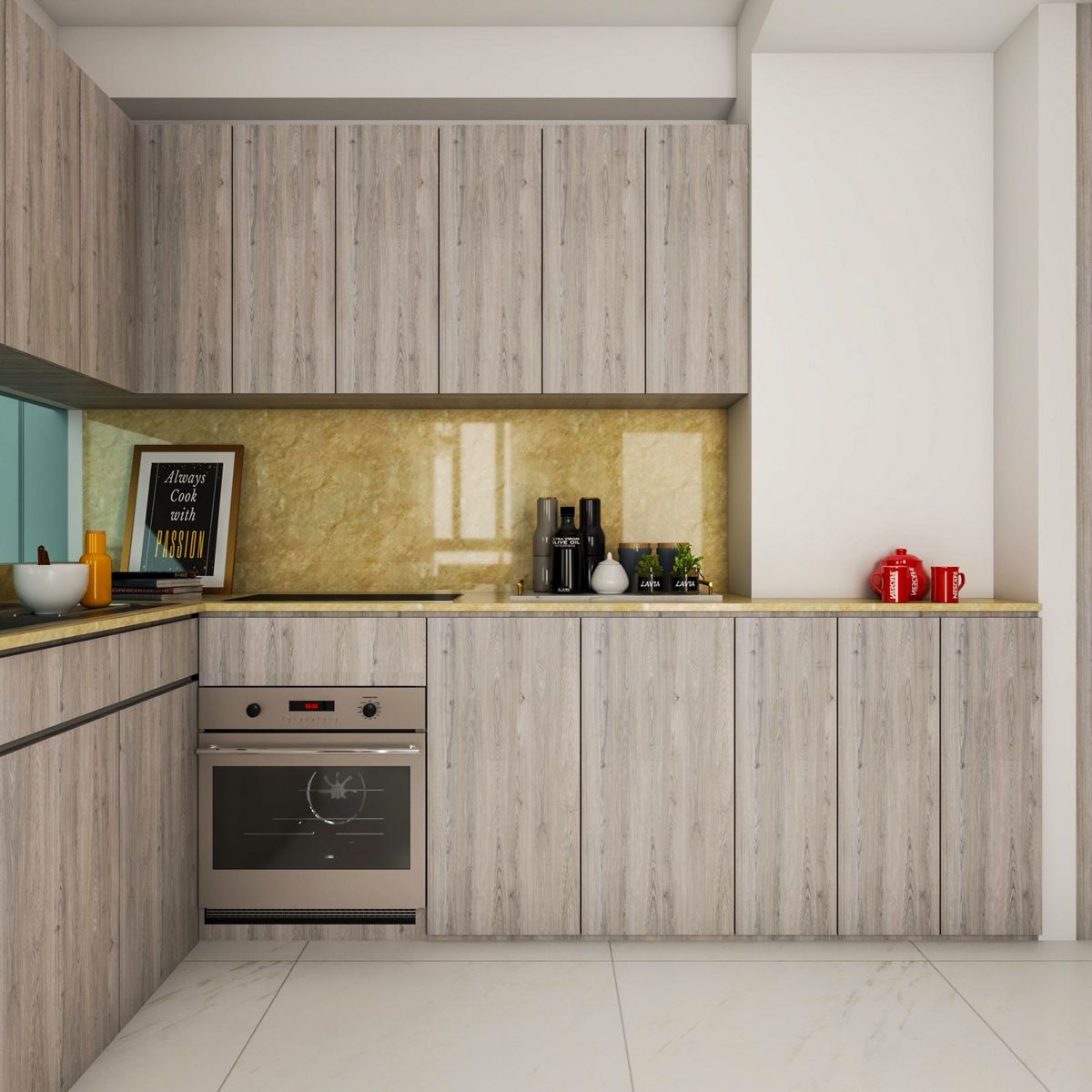 Spacious L-Shaped Kitchen Cabinet Design With Wooden Grain Units | Livspace