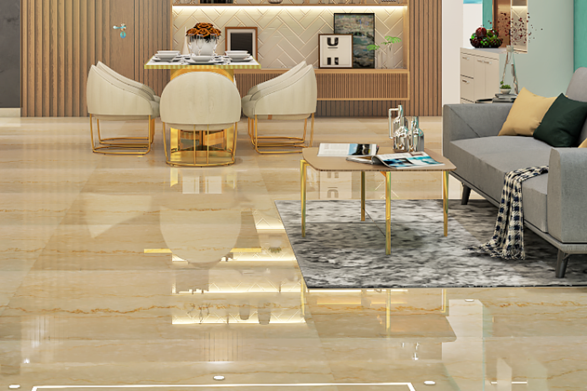 Beige And Brown Patterned Living Room Tile Design | Livspace