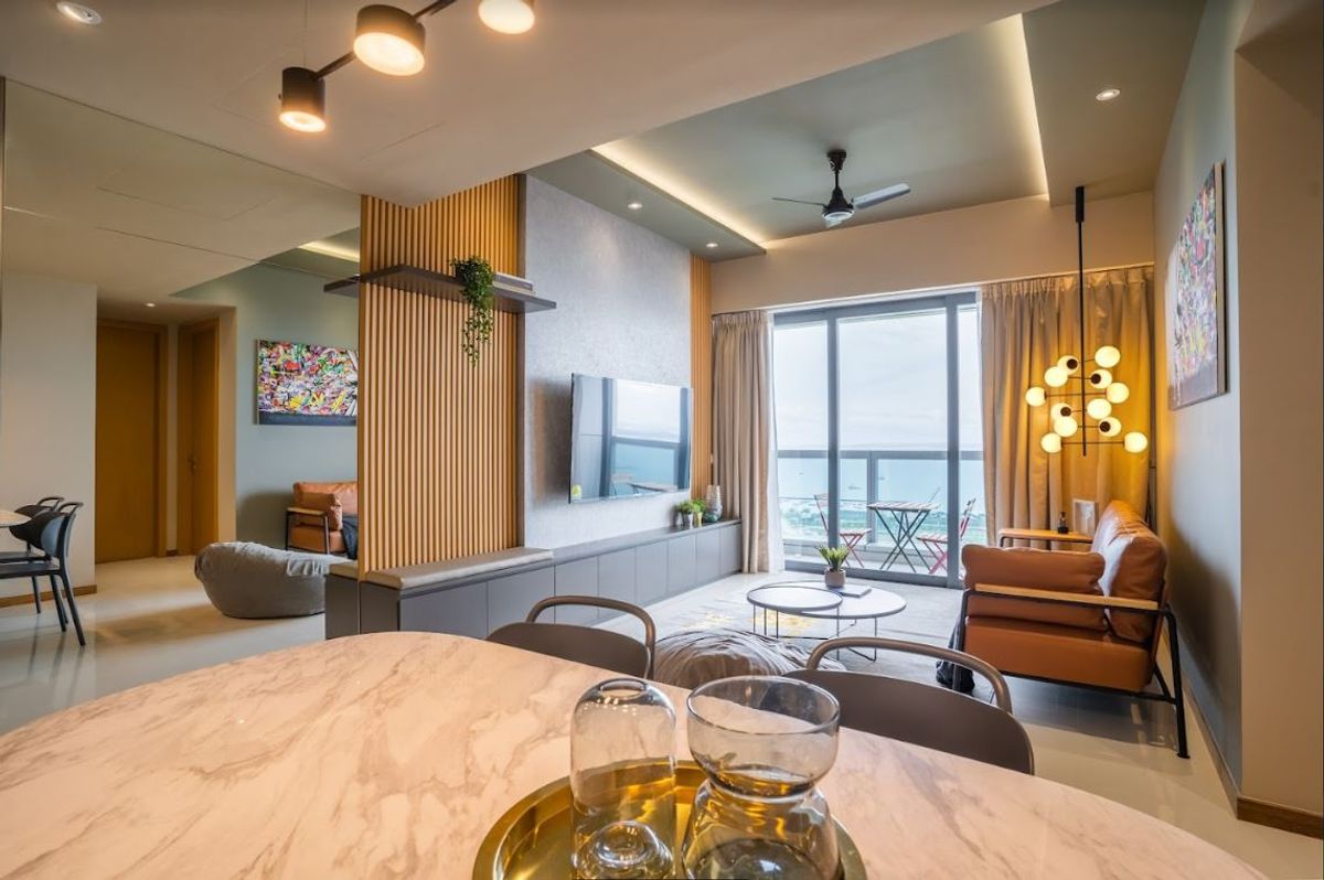 Olive Green False Ceiling With Pendant Lights | Livspace