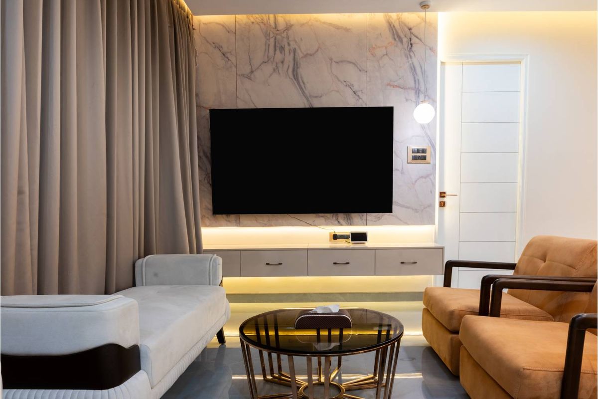 TV Unit Design with Contemporary Marble Texture Backpanel and Frosty ...