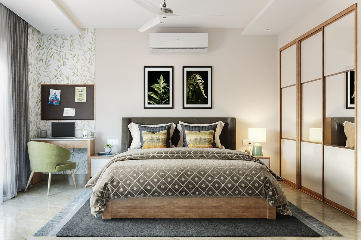 Spacious Master Bedroom Design With Bold Floral Wallpaper | Livspace