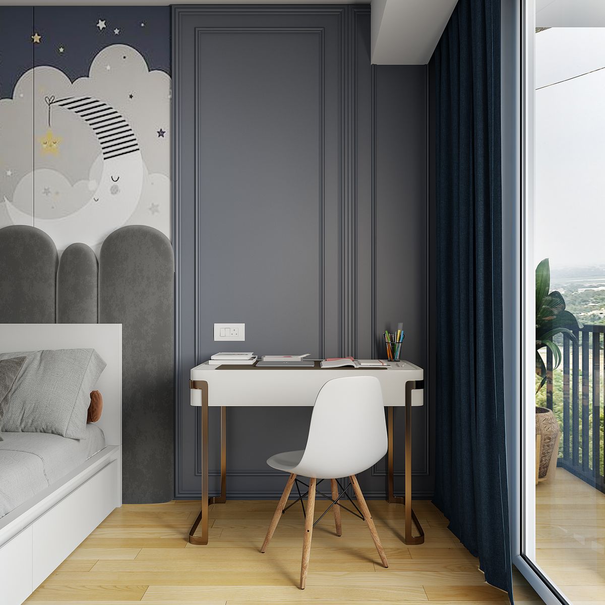 Compact Home Office Design With Blue Toned Walls