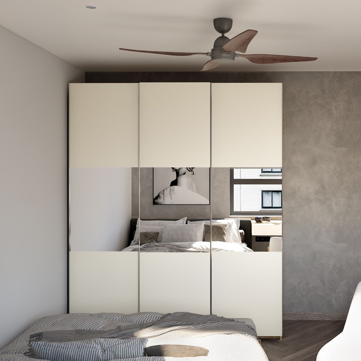 Modern White Wardrobe Design With Mirrored Shutters | Livspace
