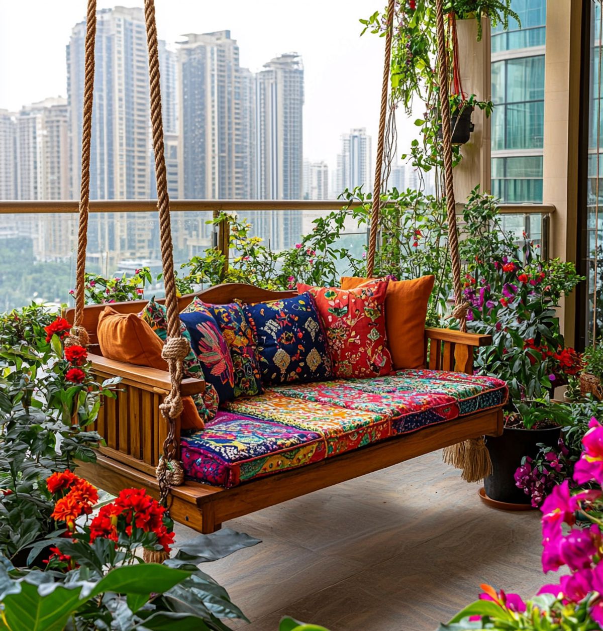 Modern Balcony Design Featuring Plants, Swing, and Bright Floral ...