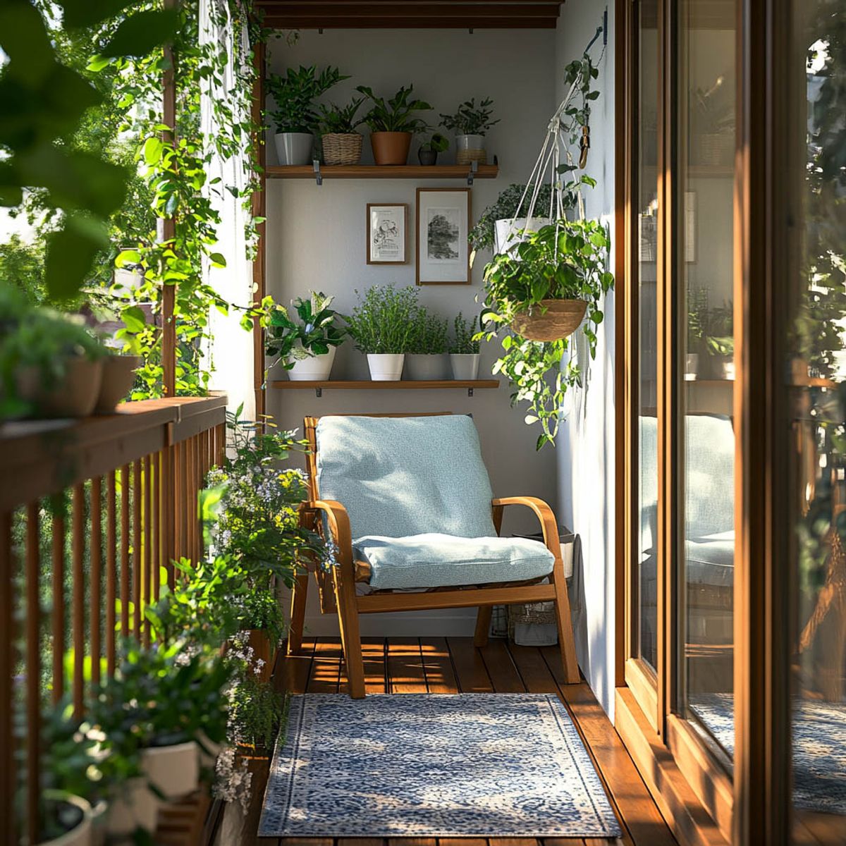 Minimal Balcony Design With Warm Wooden Panel Wall | Livspace