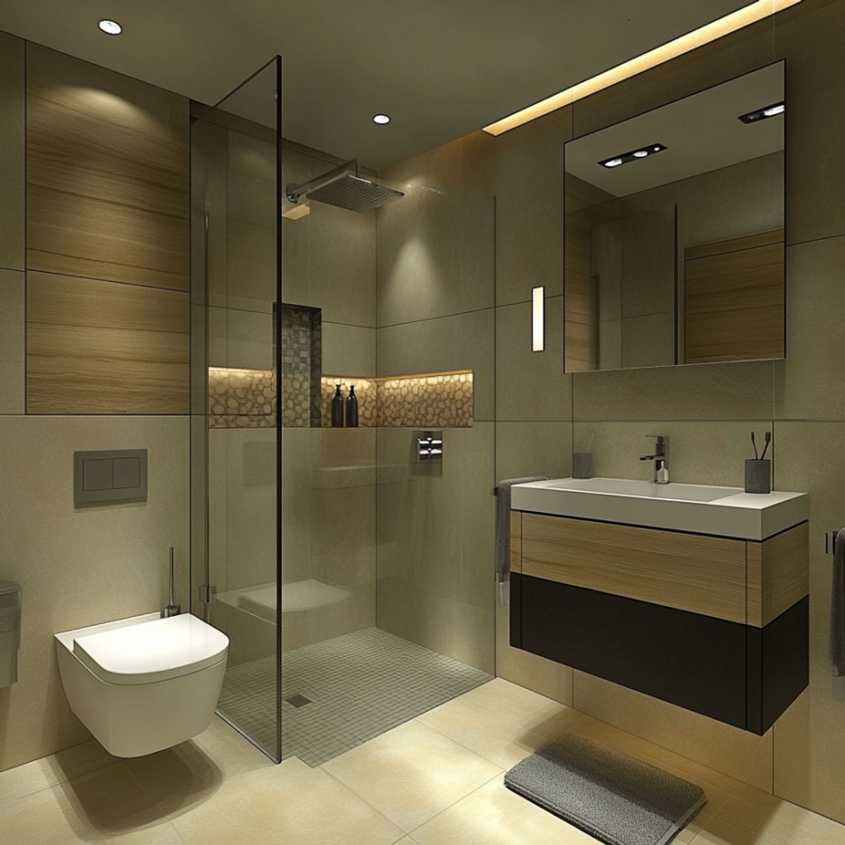 Matte Ceramic Square Tile Design with Grid Pattern, Lighting, and Wood ...