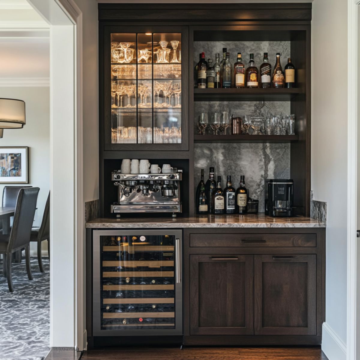 Contemporary Home Bar Design with Glass Cabinet, Shelves, and Tawny ...