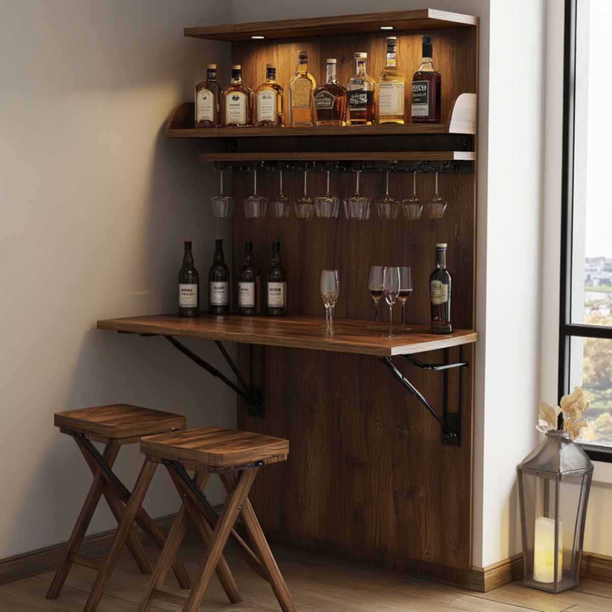 Rustic Home Bar Design in Tawny Balsam With Fold-Down Top | Livspace