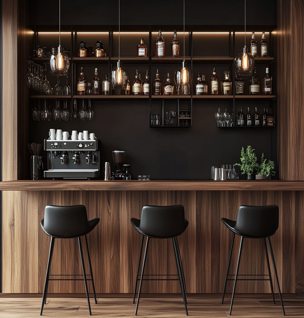 Modern Walnut Home Bar Design with Metal-Framed Wall Shelves and ...