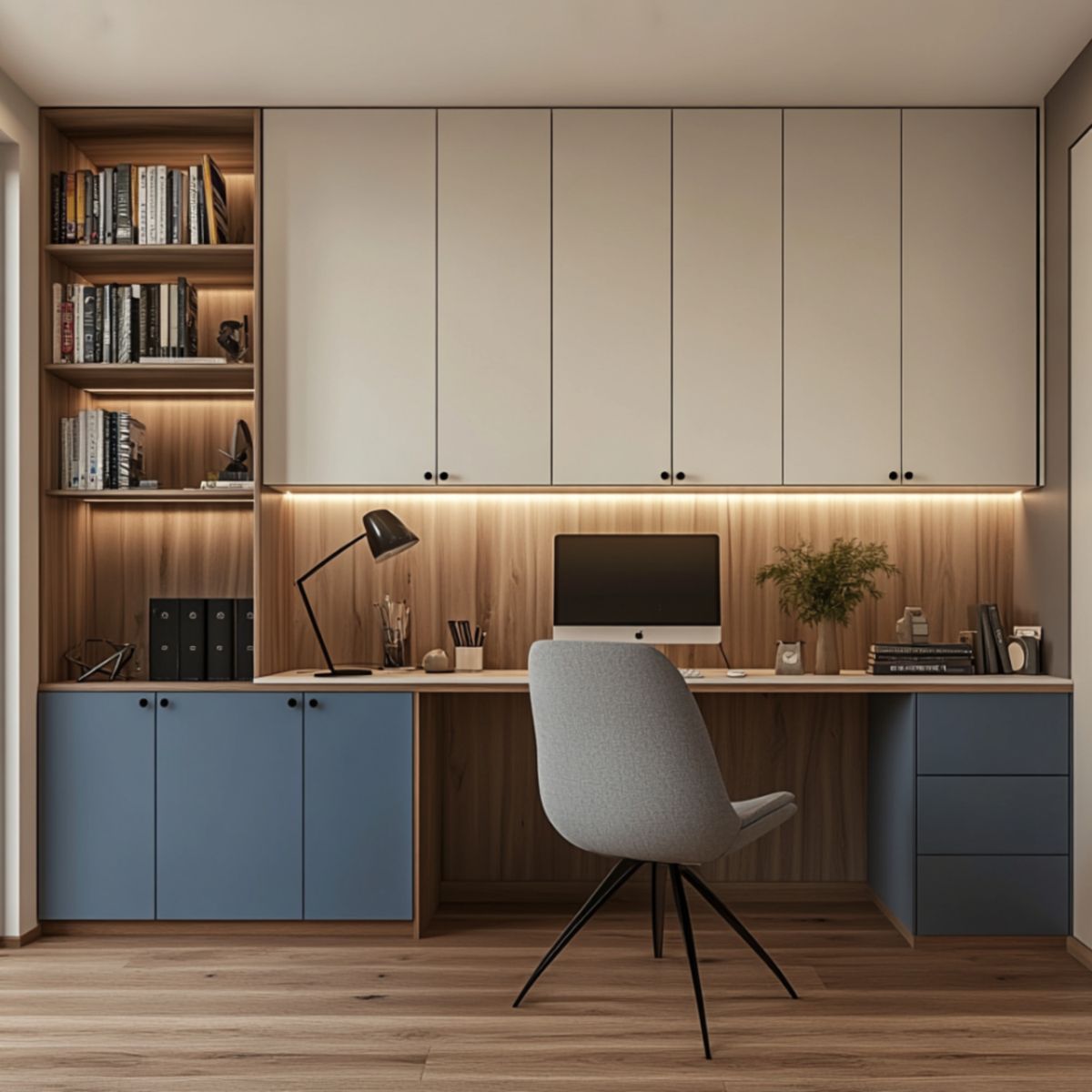 Wood Finish Modern Home Office Design With Built-in Cabinets and Desk ...
