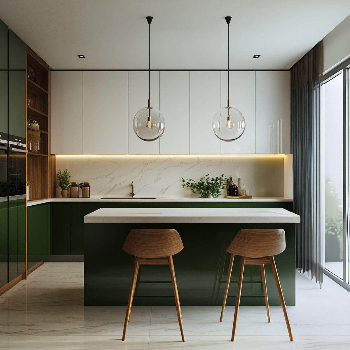 Contemporary Island Kitchen Design with Marble Countertop and Citrus ...
