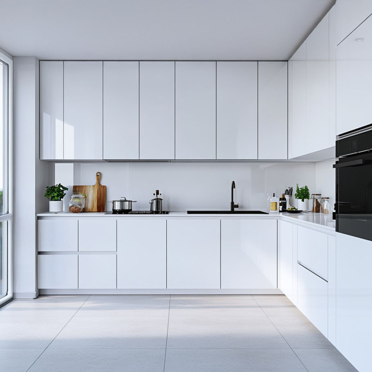 White Contemporary L-Shaped Kitchen Design with Concealed Storage, High ...